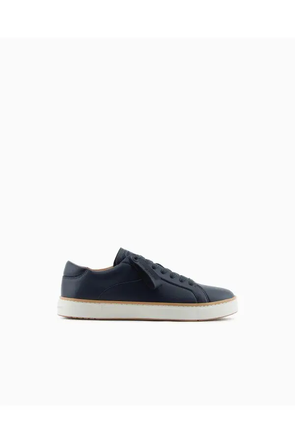 Emporio Armani Leather Sneakers With Contrasting Welt - Navy