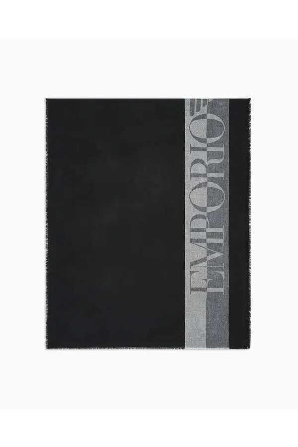 Emporio Armani Striped Scarf With Oversized Logo - Black