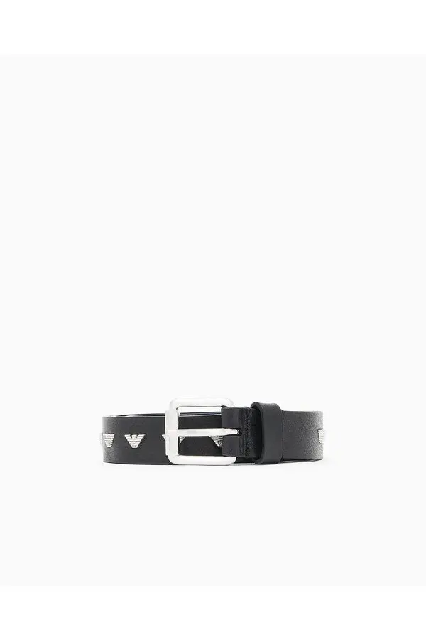 Emporio Armani Leather Belt With Metal Micro Eagles - Black