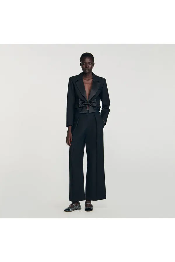 Sandro Wide-leg Pleated Trousers With Logo Elastic Waistband