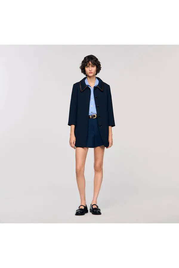 Sandro Leather Trim Coat - Blue / Navy