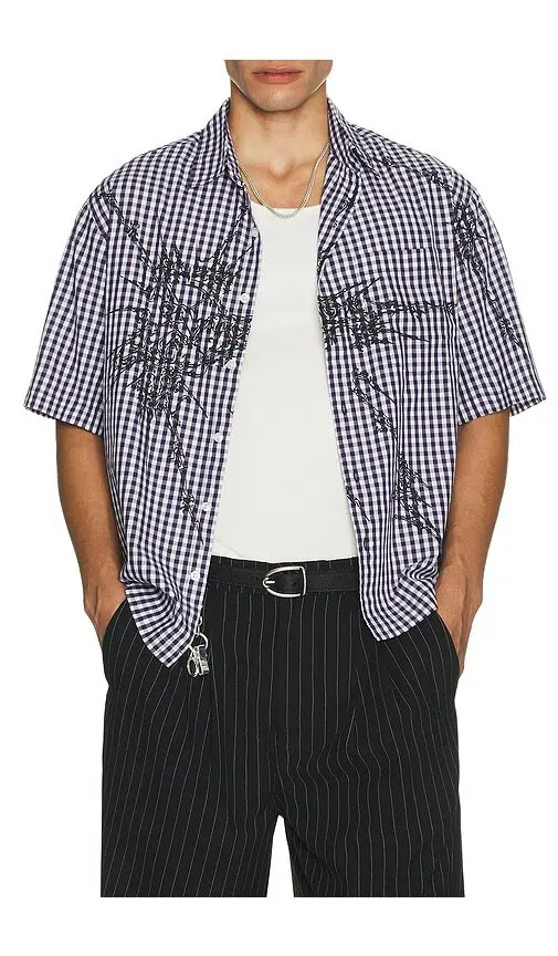 Jaded London Gingham Illustration Shirt In Blue In Navy - 25% Off