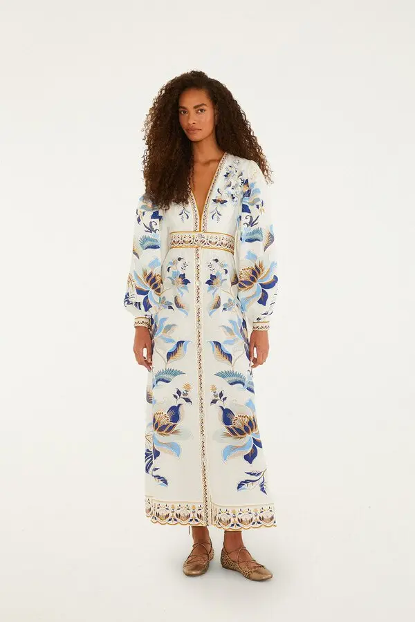 Farm Rio Printed Maxi Dress - Mystic Blue Lotus Dreamscape Off-White