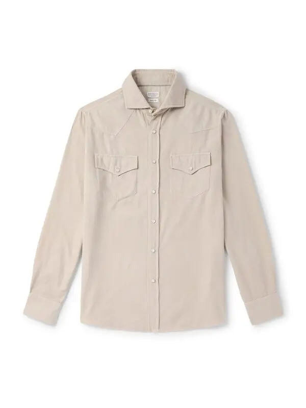 Brunello Cucinelli Cutaway-collar Cotton-corduroy Western Shirt - Neutrals