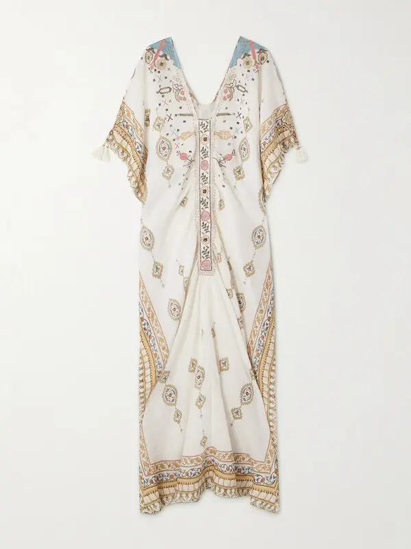Camilla Tasseled Embroidered Printed Linen Kaftan - Cream