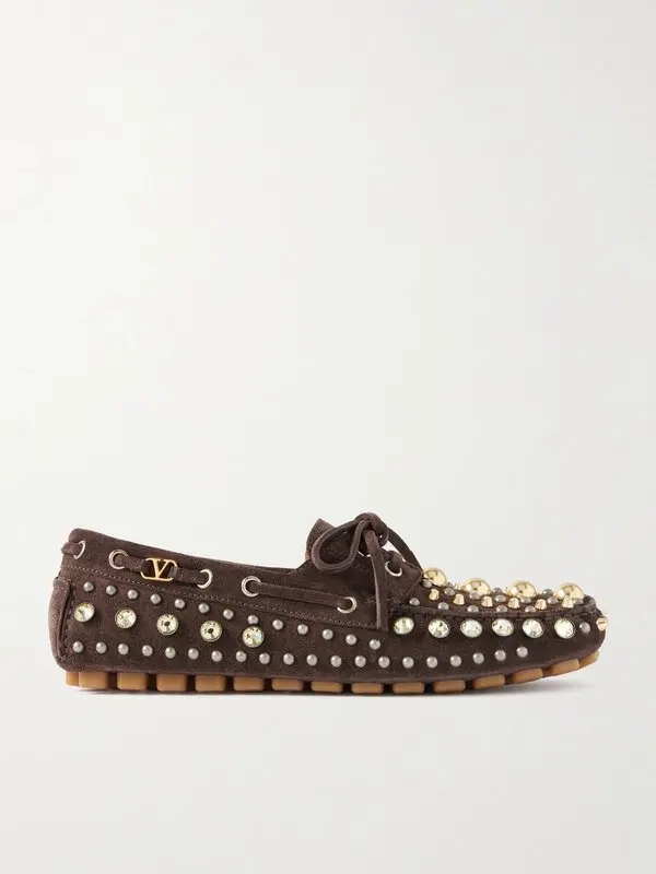 Valentino Garavani Fastaway Embellished Suede Loafers - Brown