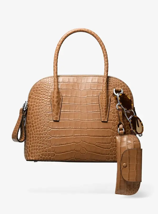 Michael Kors Kaitlin Medium Crocodile Embossed Leather Dome Satchel - Brown