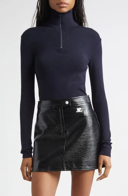 COURREGES Merino Wool Mock Neck Half Zip Sweater - Navy