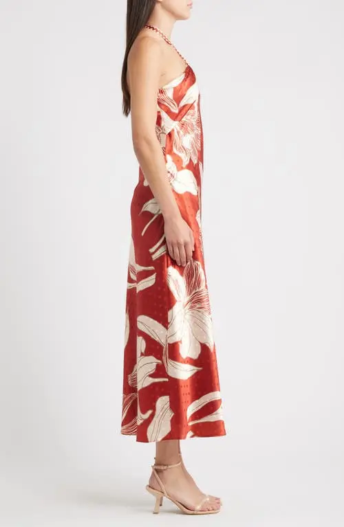 Ciebon Floral Satin Halter Midi Dress In Amber/Champagne - 60% Off