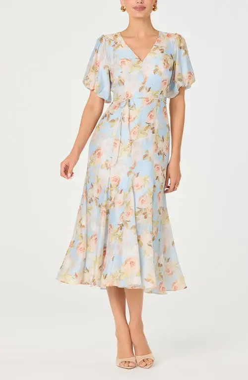 Astr The Label Lavena Floral Puff Sleeve Midi Dress - Blue Flrl