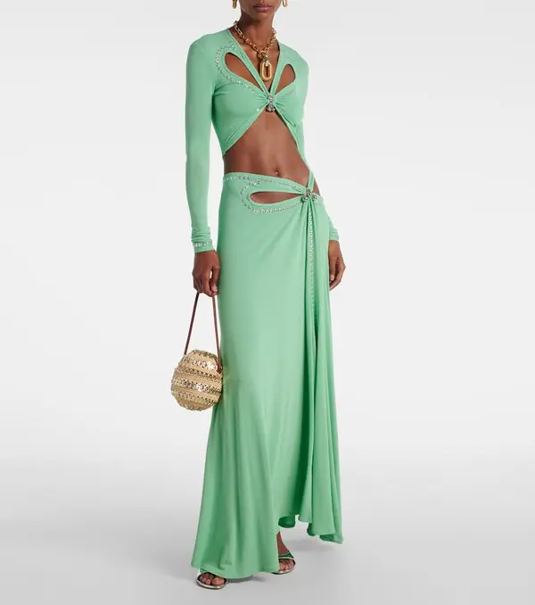 Rabanne Cutout Embellished Crop Top - Green
