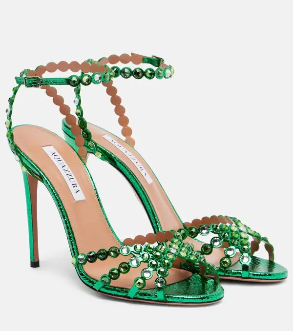 AQUAZZURA Tequila 105 Embellished Leather Sandals - Green