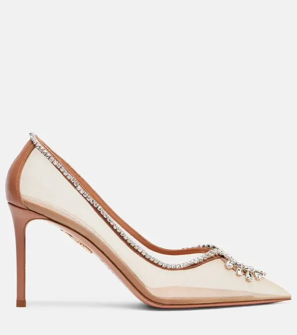 AQUAZZURA Seduction 85 Embellished Mesh Pumps - Beige