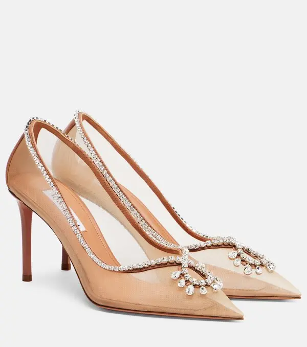 AQUAZZURA Seduction 85 Embellished Mesh Pumps - Beige