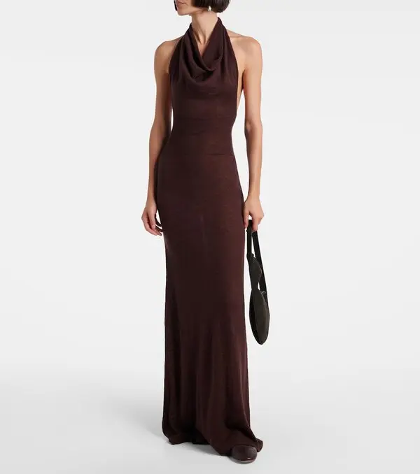 AYA MUSE Reed Halterneck Maxi Dress - Brown