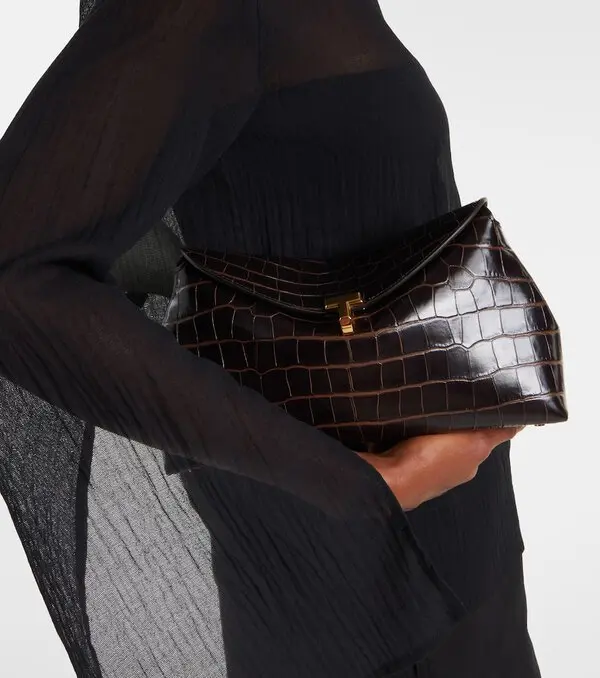 TOTEME T-lock Croc-effect Leather Clutch - Brown