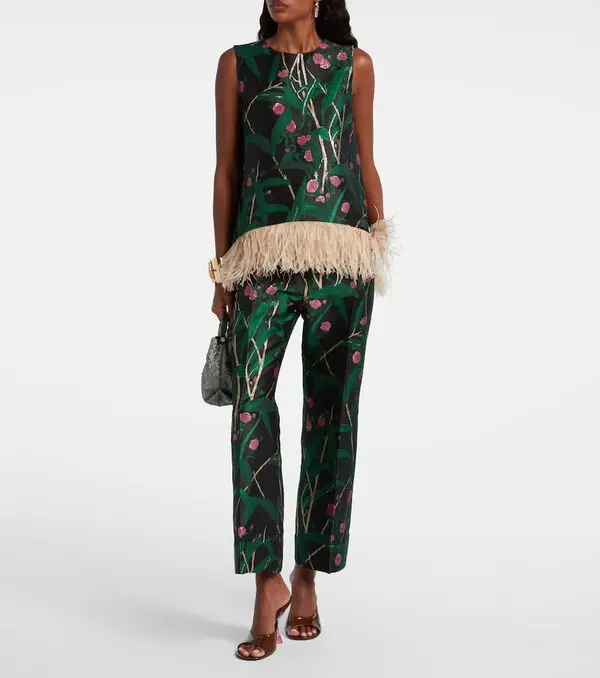La DoubleJ La Scala Feather-trimmed Jacquard Top - Multicoloured