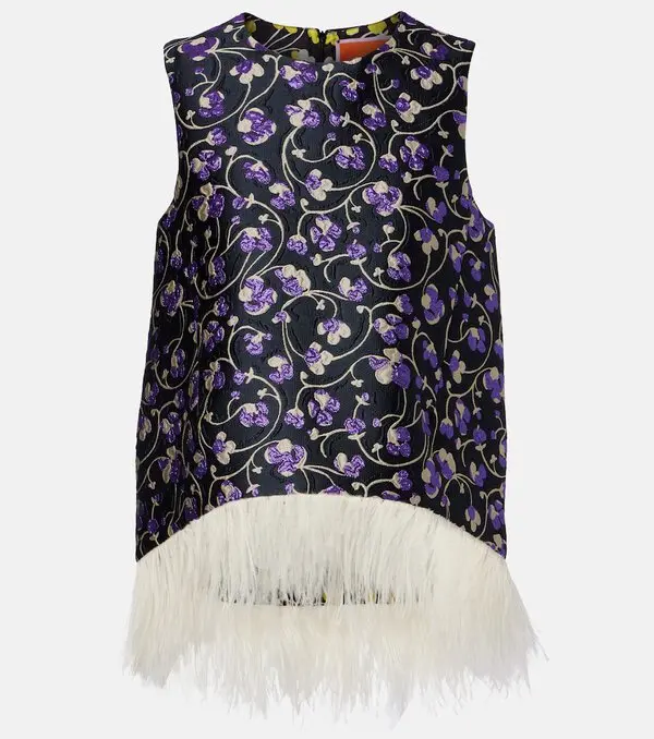 La DoubleJ La Scala Feather-trimmed Jacquard Top - Multicoloured