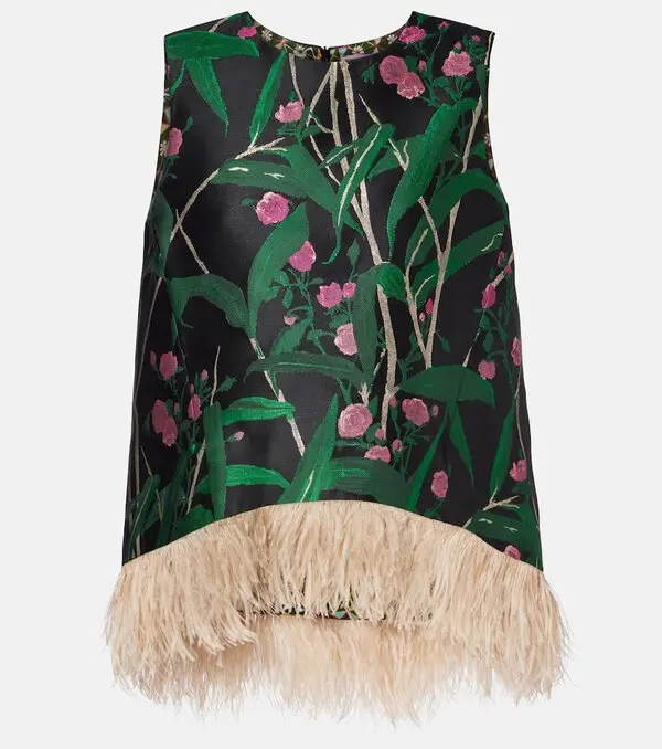 La DoubleJ La Scala Feather-trimmed Jacquard Top - Multicoloured