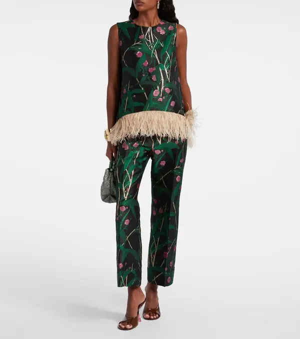 La DoubleJ La Scala Feather-trimmed Jacquard Top - Multicoloured