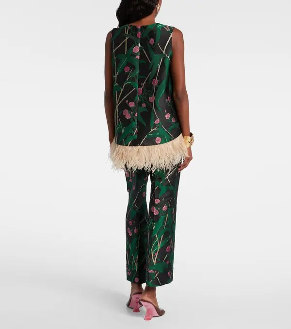 La DoubleJ La Scala Feather-trimmed Jacquard Top - Multicoloured