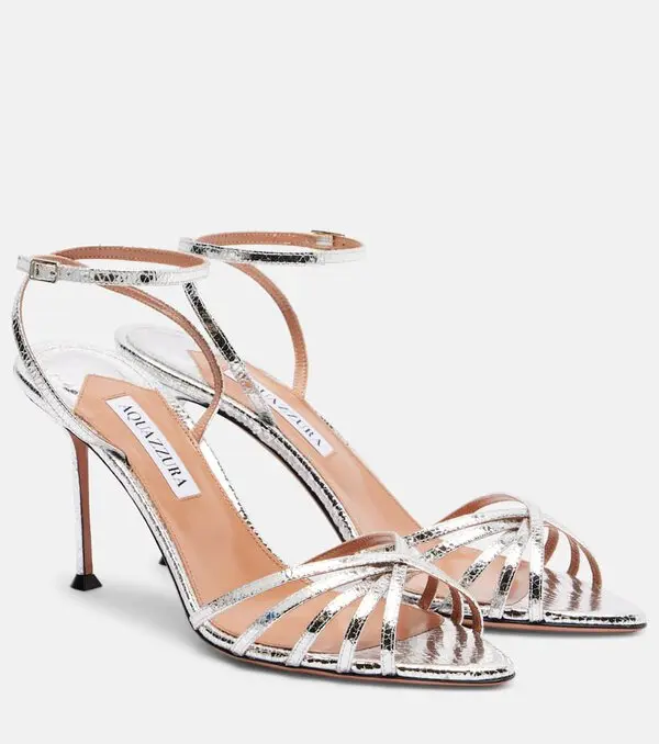 AQUAZZURA Tell Me 85 Snake-effect Leather Sandals - Silver
