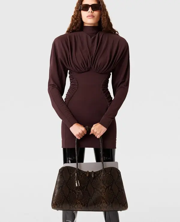 brown polka dot dress with sleeves Chocolate Brown High Neck Ruched Split Maxi Dress main image 1