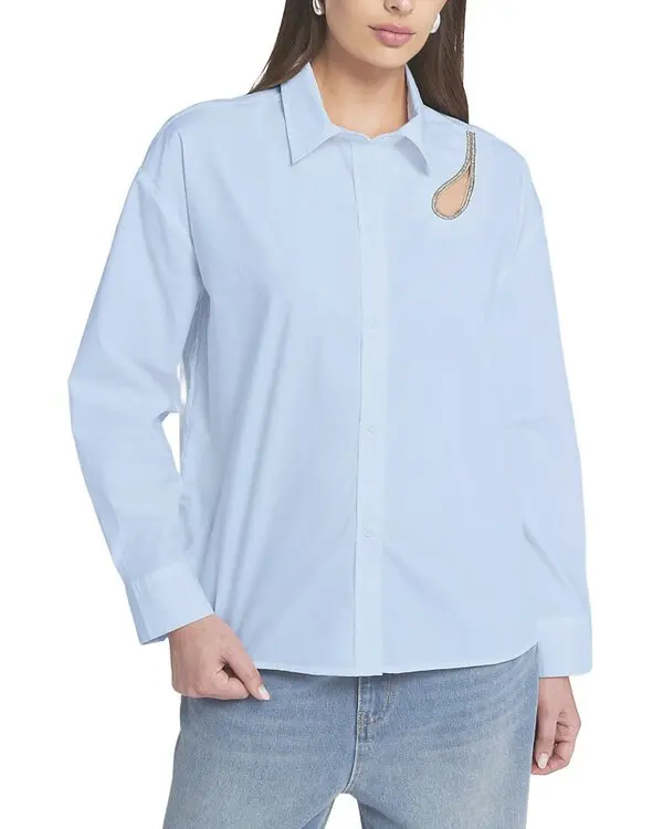ELLE COLLECTION Rhinestone Trim Cutout Shirt - Blue