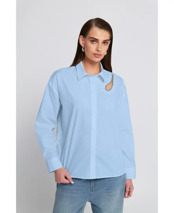 ELLE COLLECTION Rhinestone Trim Cutout Shirt - Blue