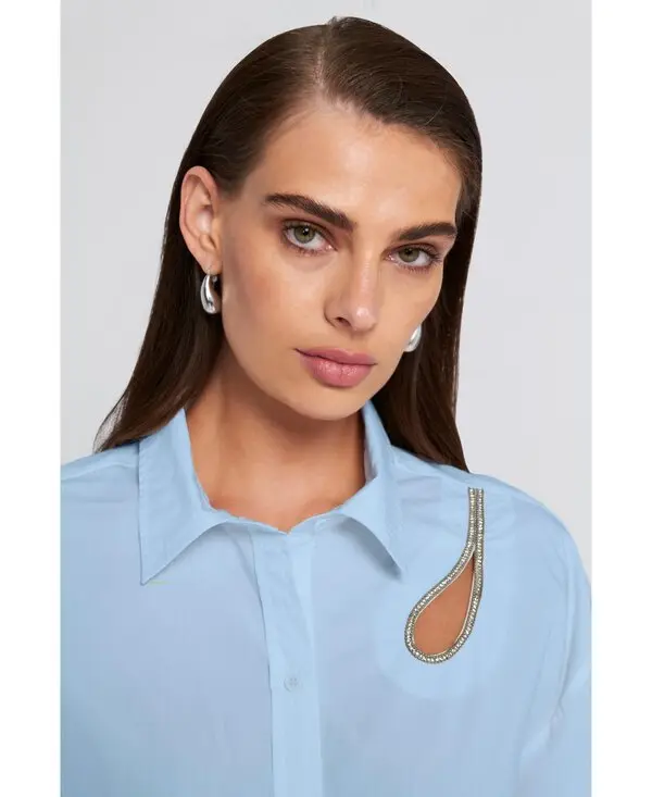 ELLE COLLECTION Rhinestone Trim Cutout Shirt - Blue