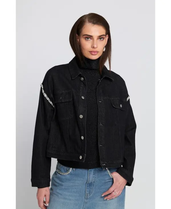 ELLE COLLECTION Rhinestone Trim Denim Jacket