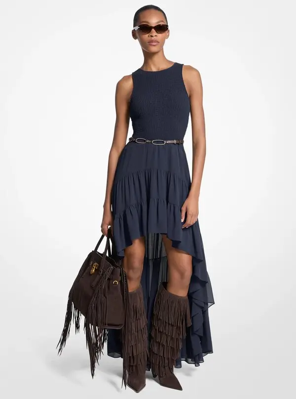 Michael Kors Georgette Smocked High-low Dress - Blue