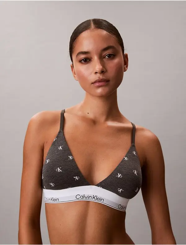 Calvin Klein Icon Cotton Modal Lightly Lined Triangle Bralette - Diamond Logo / Charcoal Heather / White