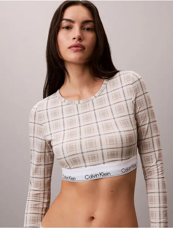 Calvin Klein Icon Cotton Modal Lightly Lined Long Sleeve Tee Bralette - Dunn Plaid / Chalk