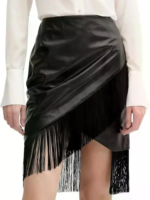 IRO PARIS Leather Fringe Asymmetric Midi Skirt - Black