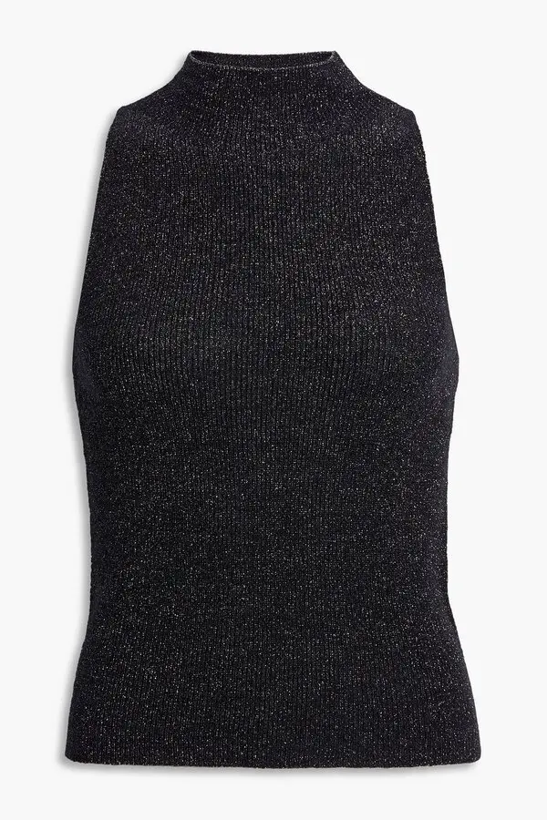 Vince Metallic Knitted Turtleneck Top - Black