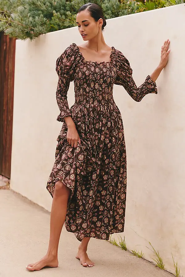 RO'S GARDEN Jocelyn Puff-sleeve Maxi Dress - Brown Pattern