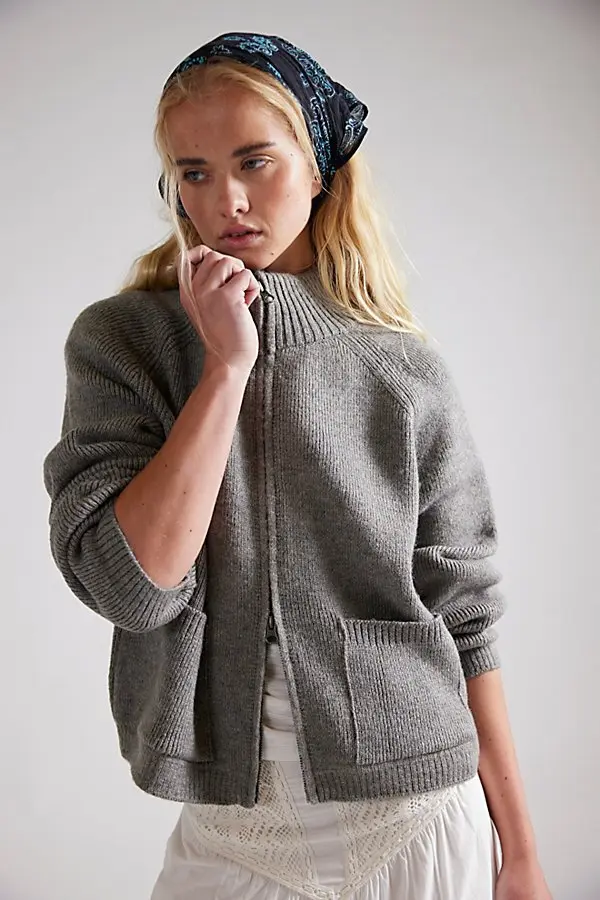 Free People We The Free On It Zip-up Cardigan - Cool Grey