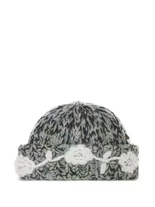GANNI Crochet-flower Beanie - Grey