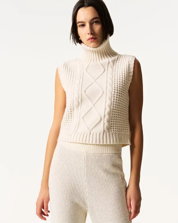 Perfect Moment Sleeveless Turtleneck Cable Knit Sweater - Cream