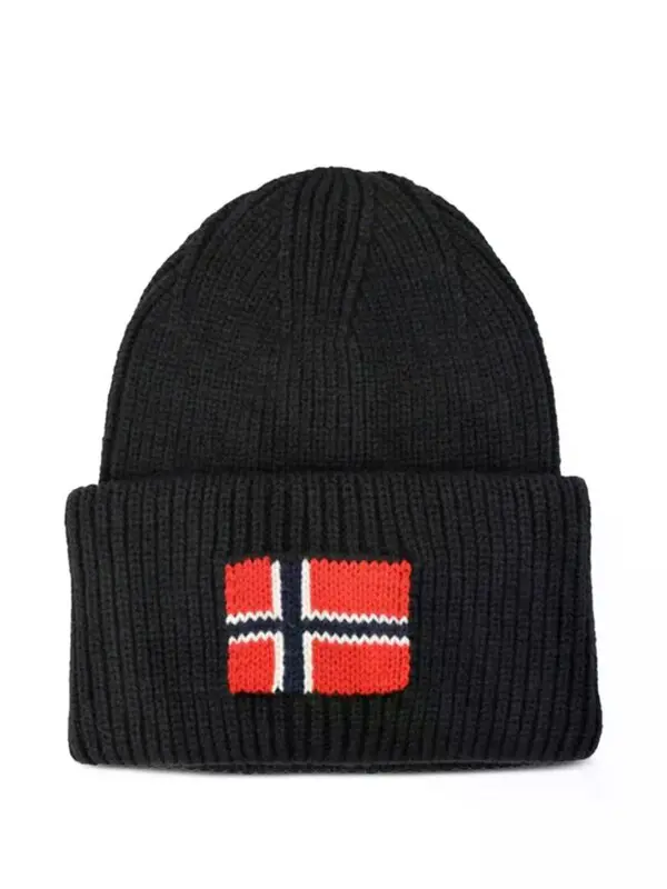 NAPAPIJRI Ribbed Beanie Hat With Flag Detail - Black