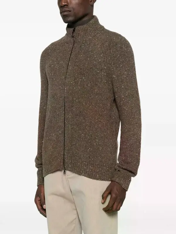 Canali Zip-front Speckled Cardigan - Brown