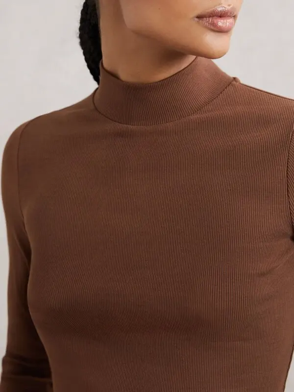 REISS Polly Stretch-cotton Funnel-neck Top - Brown