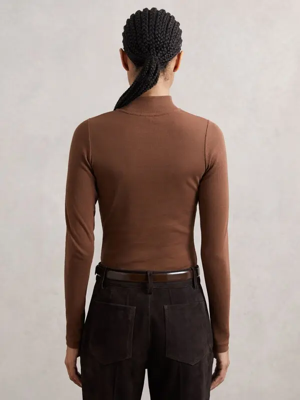REISS Polly Stretch-cotton Funnel-neck Top - Brown