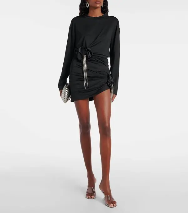AREA Draped Embellished Jersey Miniskirt