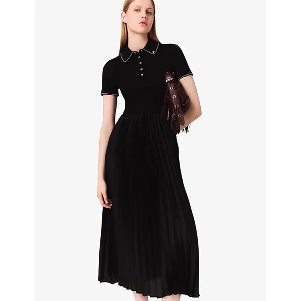 Maje Polo-Collar Knitted And Woven Maxi Dress In Black | Editorialist
