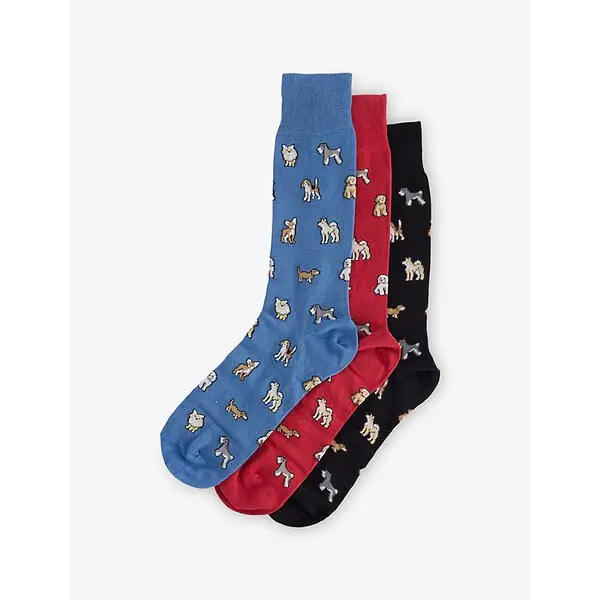Paul Smith Kyoto Dog Pack Of Three Stretch Cotton-blend Crew Socks - Multicolour