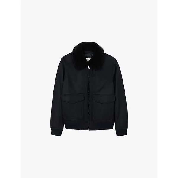 Sandro Shearling-collar Wool-blend Aviator Jacket - Navy Blue