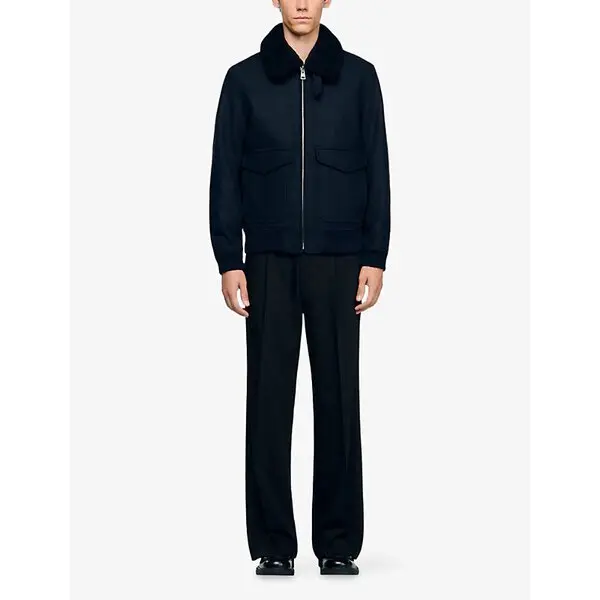 Sandro Shearling-collar Wool-blend Aviator Jacket - Navy Blue