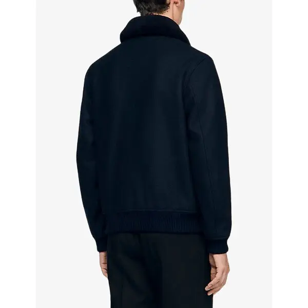 Sandro Shearling-collar Wool-blend Aviator Jacket - Navy Blue